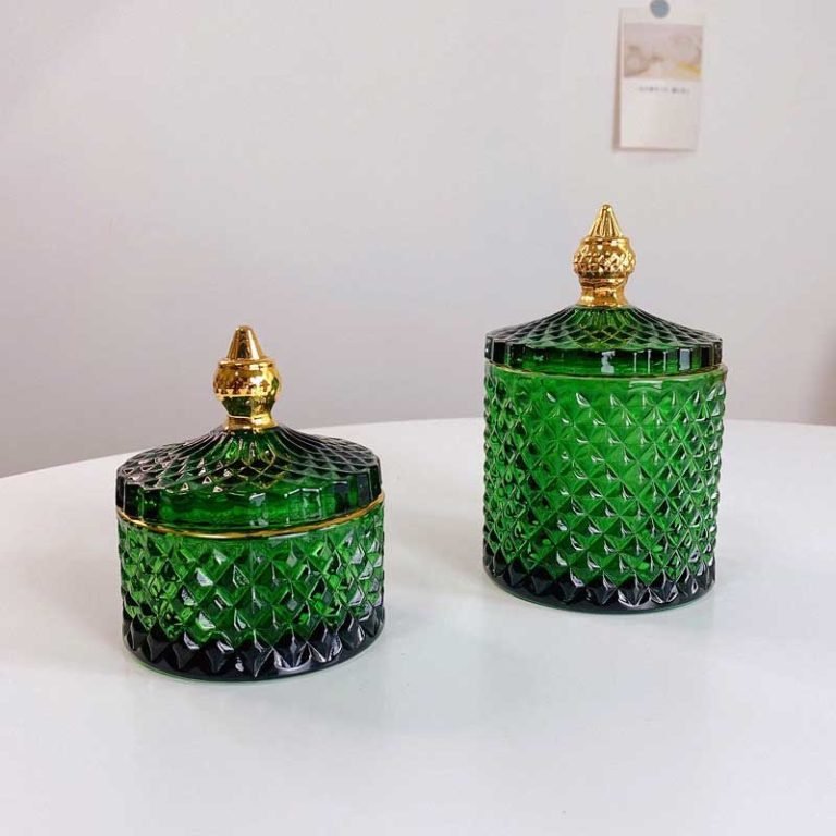 Vintage Green Glass Decorative Jars with Lids, Jewelry Glass Jar