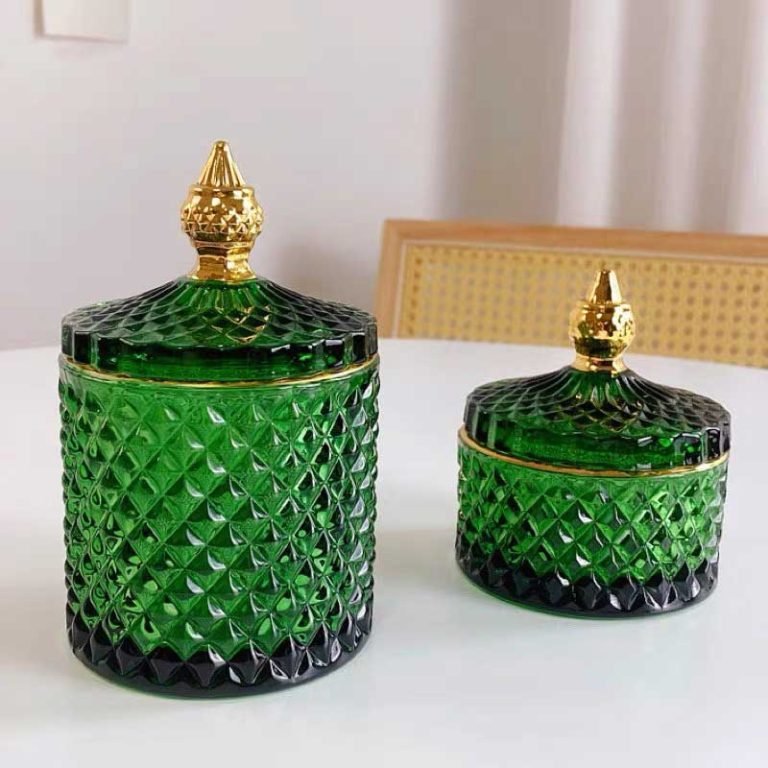 Vintage Green Glass Decorative Jars with Lids, Jewelry Glass Jar