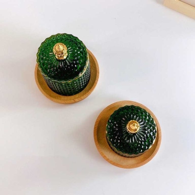 Vintage Green Glass Decorative Jars with Lids, Jewelry Glass Jar
